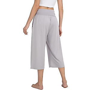 TARSE Women's High Pleated Waisted Capri Pants Casual Wide Leg Grey Yoga Pants Loose Soft Pajamas with Pockets Sweatpants Light Gray 2XL XXL