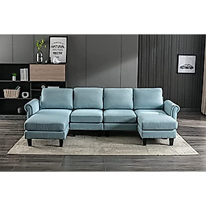 L-Shape Modular Sectional Sofa, Modern Upholstered Accent Sofa with Movable Ottoman, U-Shaped Corner Sofa with Armrest and Wood Legs, Lounge Couch Sofa for Living Room Bedroom Apartment, Light Blue
