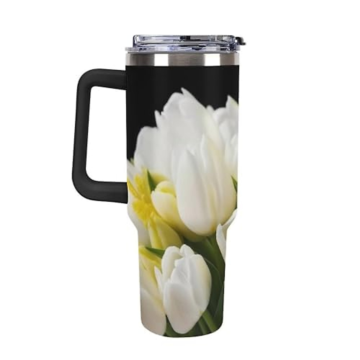 YTLKGFP 40 Oz Large Capacity Car Cup Different Flowers Tumbler with Handle (Black) Straw Lid Insulated Stainless Steel Water Bottle Travel Mug Leak-proof Car Cup Keeps Cold Or Hot
