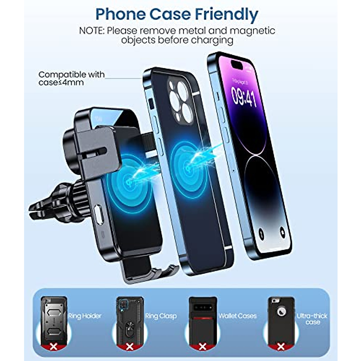 Wireless Car Charger, MOKPR 3 in1 Long arm Car Mount, 15W Auto Clamping Car Charger Dash Windshield Air Vent Phone Holder Compatible with iPhone 15/14/13/13 Pro/12 pro/12/11/X, Samsung S23/S22/S21,etc