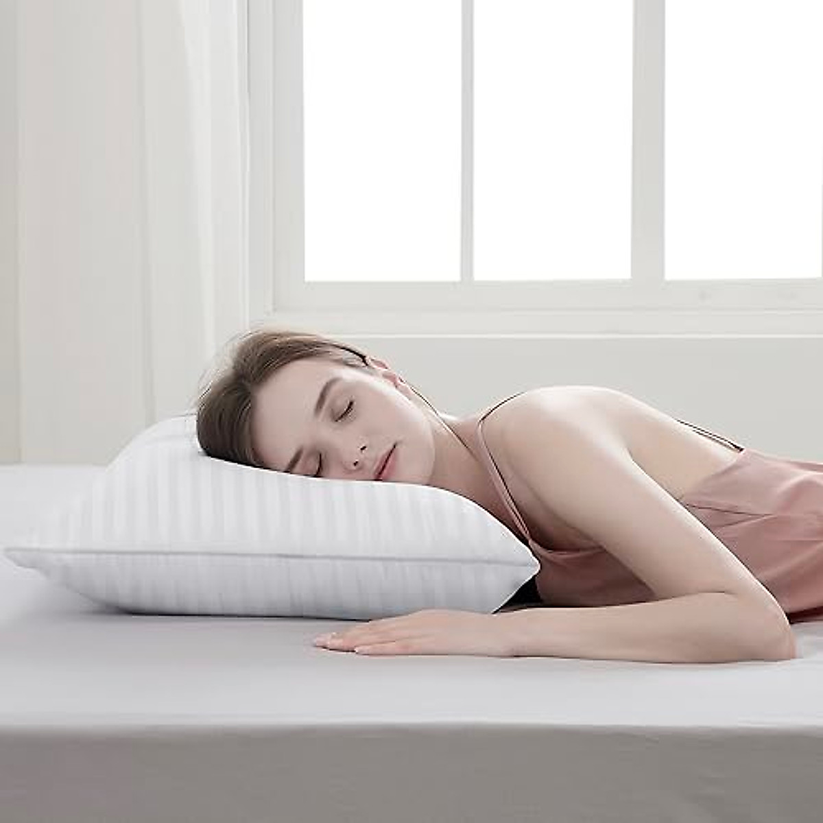 Oubonun Hotel Collection Striped Bed Pillows Standard Size Set of 2, Breathable Cooling Cotton Cover, Fluffy 3D Down Alternative Microfiber Filled for Side Back and Stomach Sleepers, 20"x26"