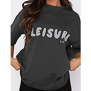 Meladyan Women Leisure Letter Graphic Print Half Sleeve Oversized Tee Shirt Top Crewneck Summer Loose Casual Tshirt Tops Grey
