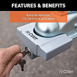 CURT 23079 Powder-Coated Aluminum Trailer Tongue Lock, Fits Most 2-Inch, 1-7/8-Inch Couplers , grey