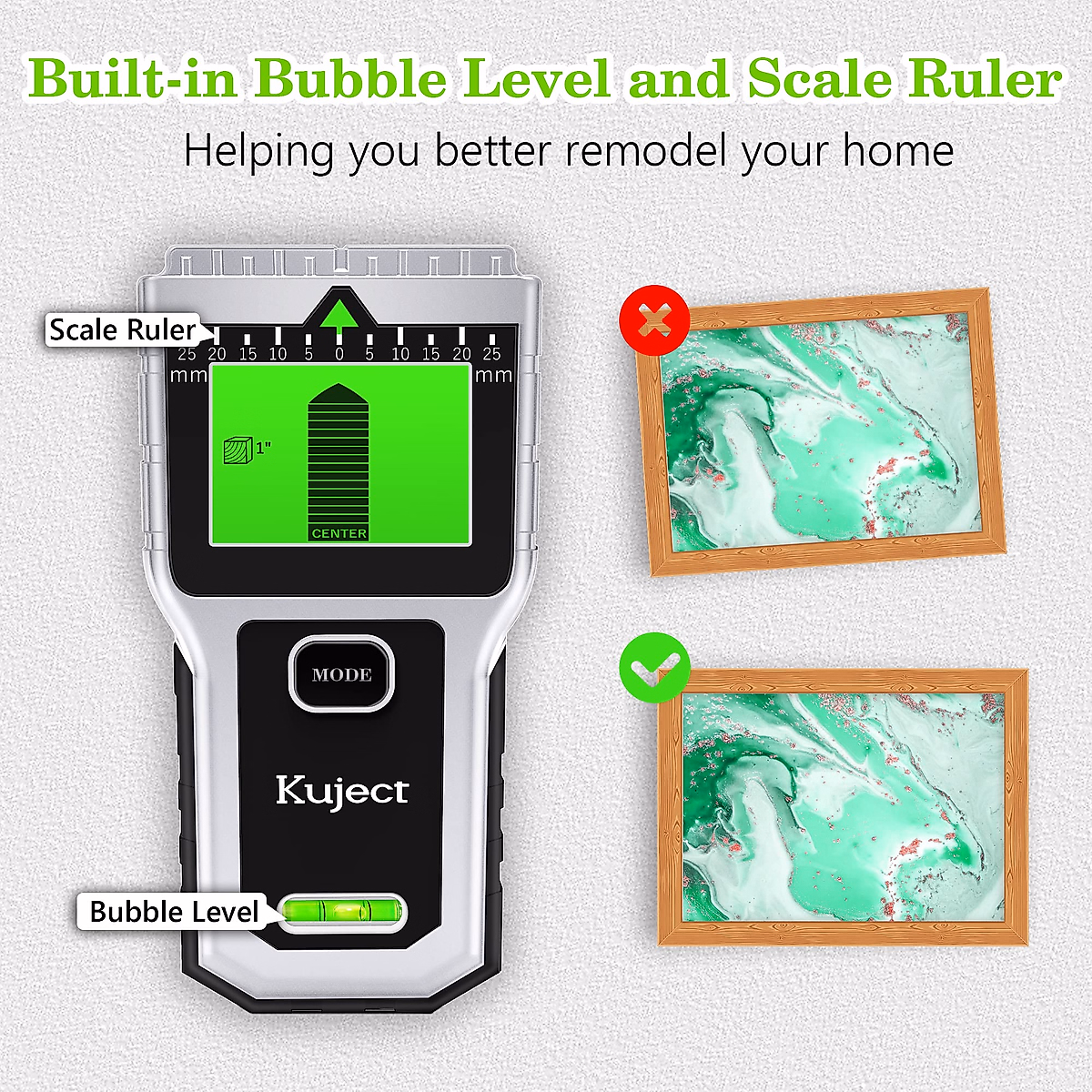 Kuject Stud Finder Wall Scanner - 8 in 1 Electronic Stud Sensor with Magnetic Detector, Bubble Level, LCD Display, Wall Scanner for the Center and Edge of Metal Wood AC Wire Studs Joist Beam