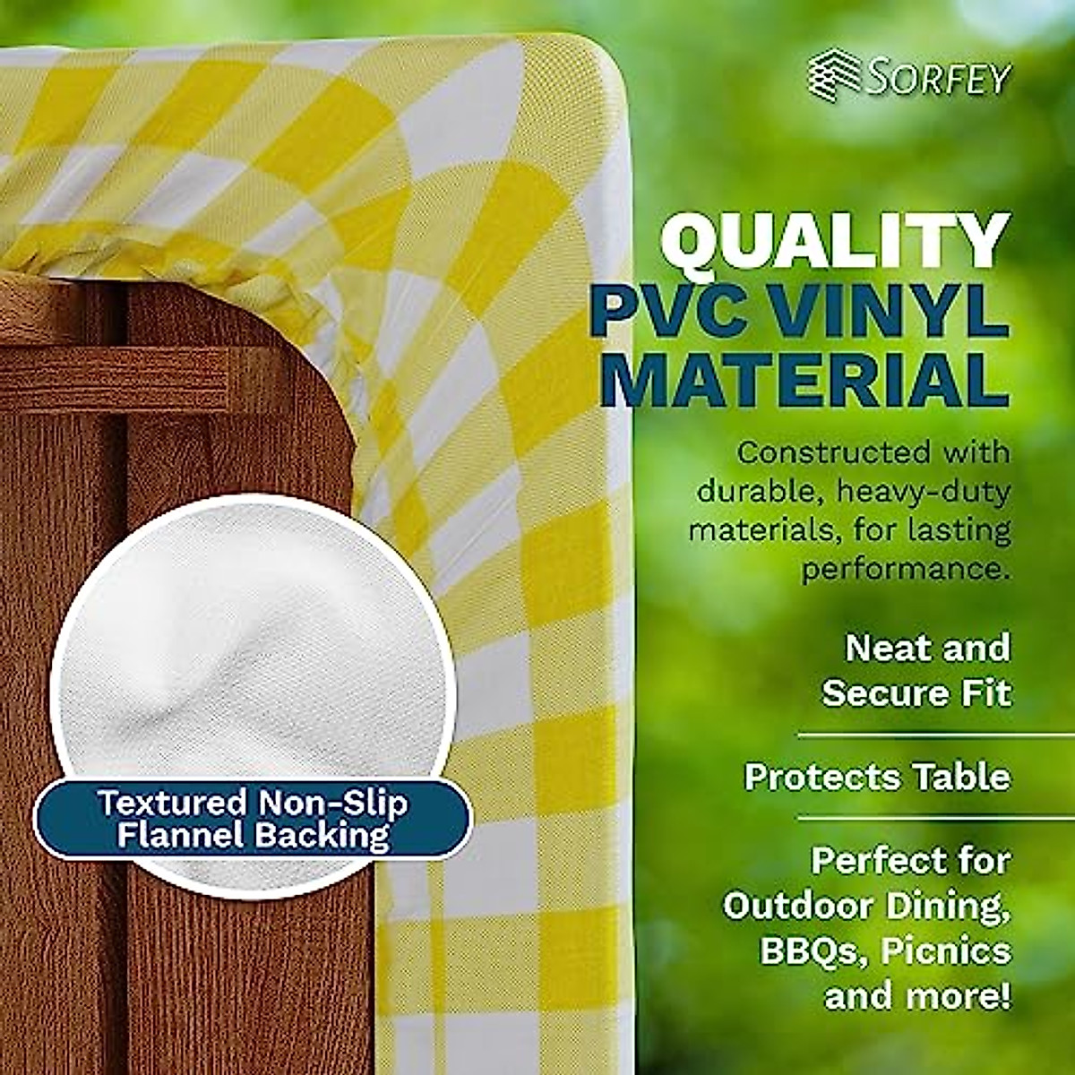 Sorfey Picnic Table Cover with Bench Covers -Fitted with Elastic, Vinyl with Flannel Back, Fits for Table 28"x 72" Rectangle,Water Proof, Easy to Clean, Checked Blue Design