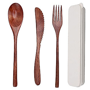Wooden Cutlery Set of 3 Scratch Proof Portable Spoon Fork Cutter Tableware with Box Wooden Kitchen Dinnerware for Dessert Salads Noodles