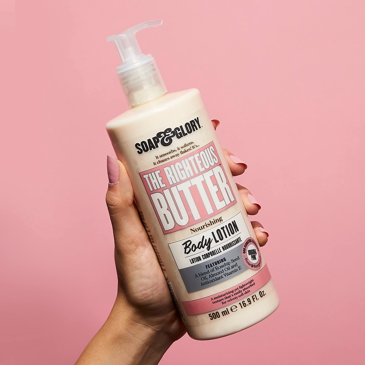 Soap & Glory Original Pink The Righteous Butter Moisturizing Body Lotion Pump - Shea Butter, Vitamin E & Aloe Vera Body Moisturizer - Rose & Bergamot Scented Lotion (500ml)