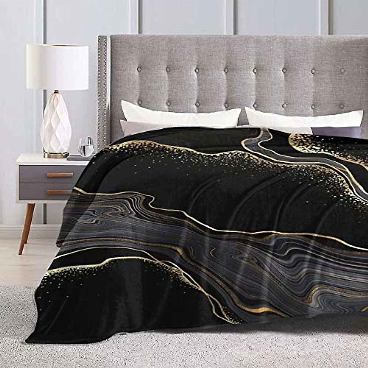 Black and Gold Fleece Blanket Throw Blanket, Ultra-Soft Cozy Micro Fleece Blanket for Sofa, Couch, Bed, Camping, Travel, & Car Use-All Seasons Suitable80 X60