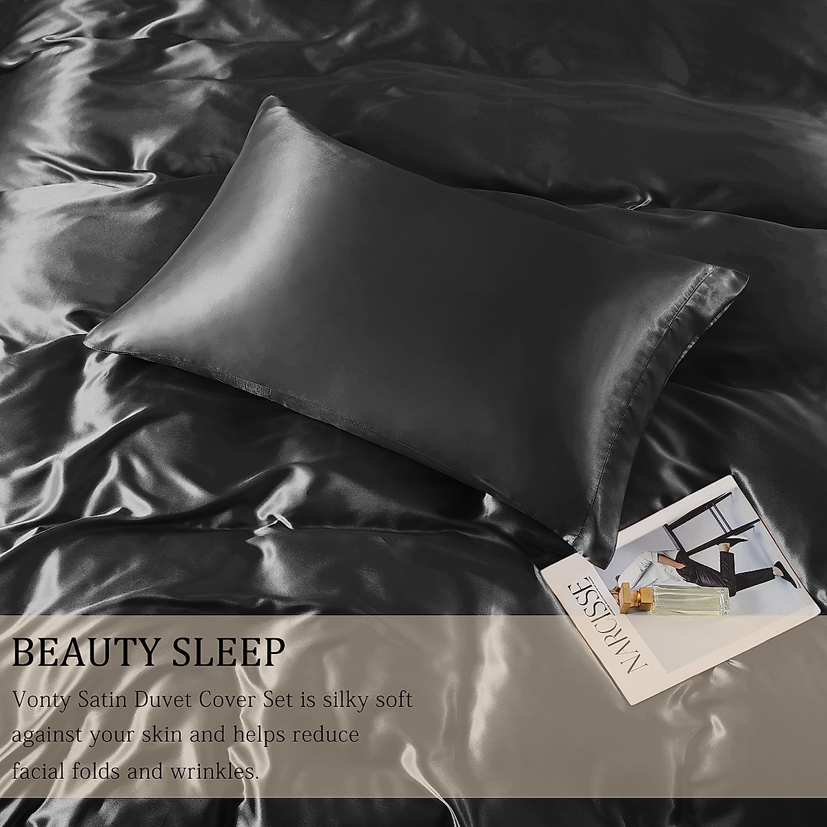 Vonty 3-Piece Silky Satin Duvet Cover Set King Size Comforter Cover, Organic Natural 400TC Black Duvet Cover Set - Luxury & Sexy Bedding Duvet Covers with Zipper Closure(No Comforter)