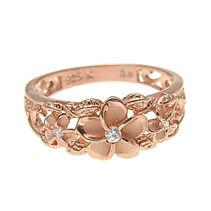 Arthur's Jewelry Rose pink gold plated silver 925 Hawaiian 3 plumeria flower cz ring maile cut out scroll size 4.5