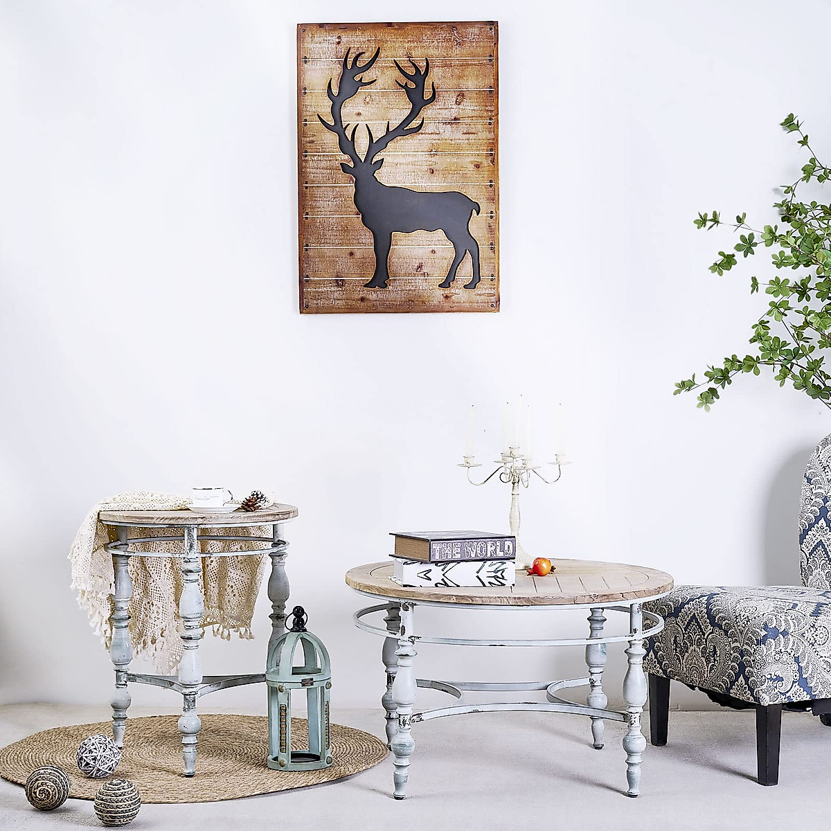 TIMBERMAVEN Rustic Farmhouse Round Coffee Table, French Country Vintage Center Table,φ31.5'' x18.9''H Rustic Solid Wood with Vintage Iron Legs, for Living Room, Bedroom,Dinning Room, White