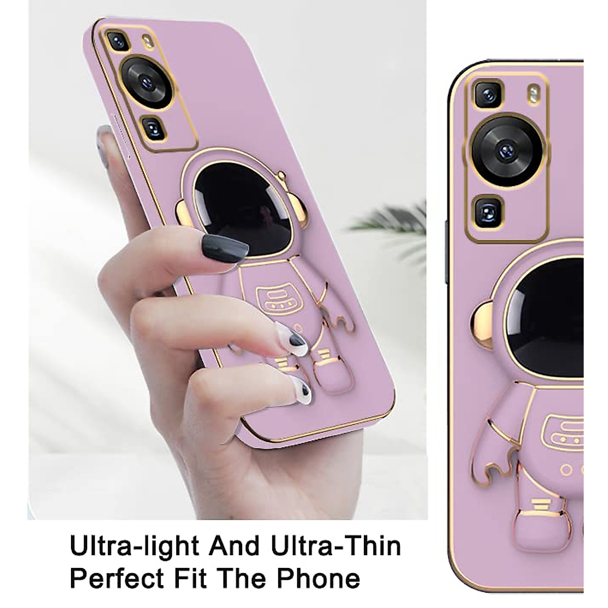 Compatible with Huawei P60 Pro Case for Women Men, Ultra Soft Huawei P60 Pro Phone Case with Stand Silicone TPU Plating Cute Astronaut Pattern Cases Cover (Purple)