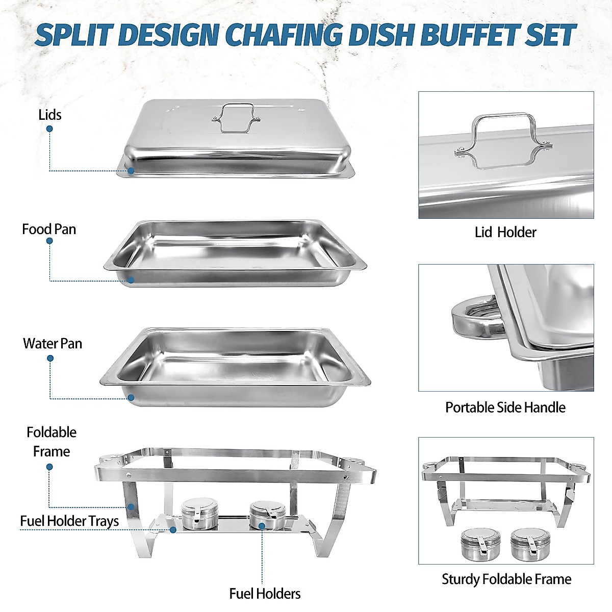 EVGTTI 7 Pack Stainless Steel Chafing Dishes 8 Quart Full Size Chafing Dish Buffet Set Silver Rectangular Catering Chafer Warmer for Buffet Banquet Party Catering Supplies