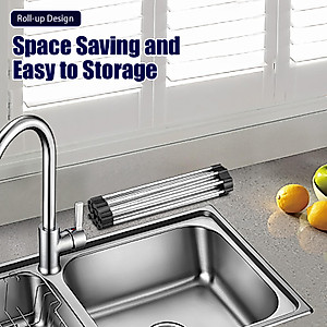 CLNGAI Roll Up Dish Drying Rack, Expandable Over The Sink Dish Drainer,Stainless Steel Kitchen Rolling Sink Rack Space Saving Sink Mat, Length Up to 22.3" (Black, Expandable)