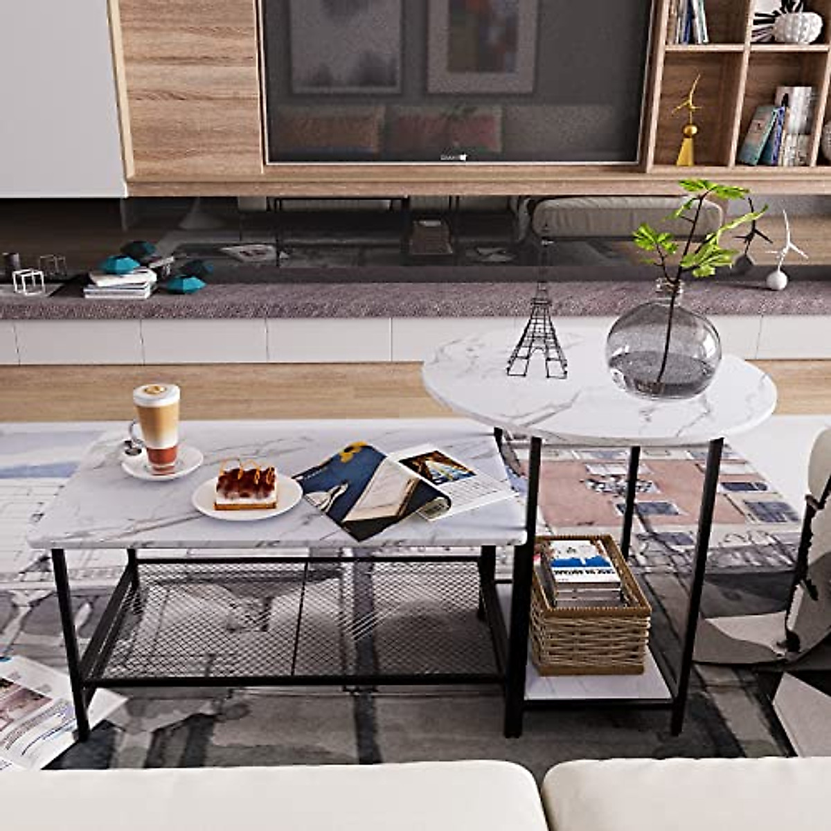 Huhote Nesting Coffee Table Set of 2 Storage End Table Modern White Faux Marble Round and Rectangular Table,2 Tiers Large Table with Metal Frame for Living Room Balcony Cabin Bed Room Dining Room.