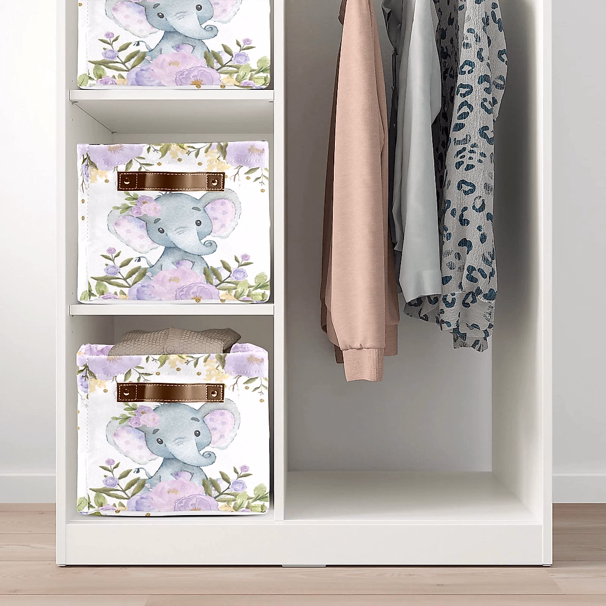 CUXWEOT Personalized Purple Floral Elephant Storage Bin with Name Waterproof Canvas Organizer Bin with Handles for Gift Baskets Book Bag (2 Pack)