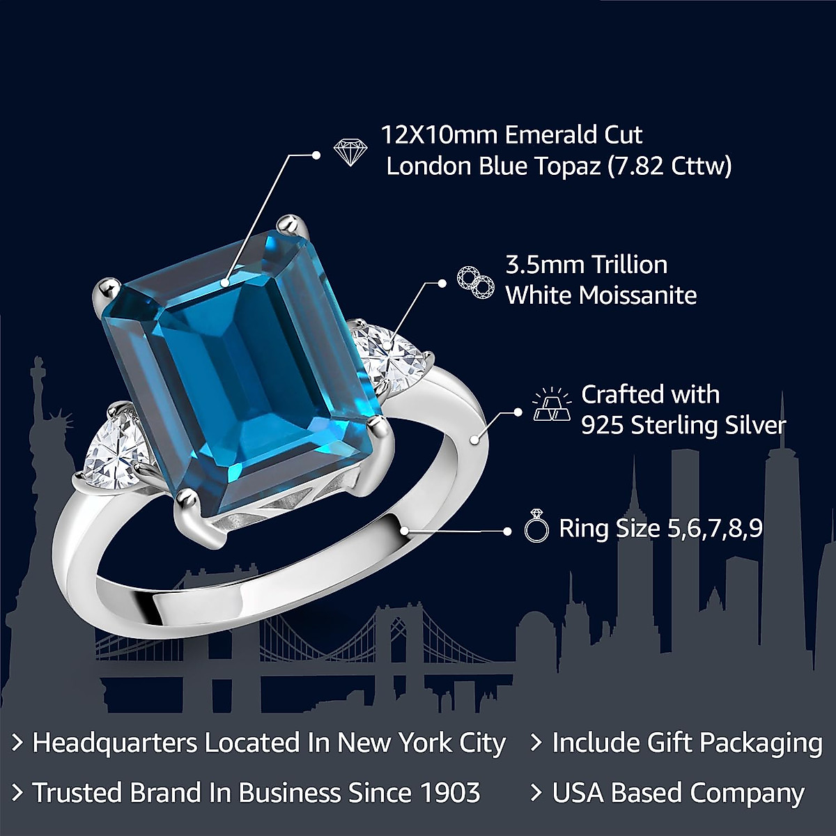 Gem Stone King 925 Sterling Silver London Blue Topaz and White Moissanite 3 Stone Ring For Women (7.82 Cttw, Gemstone Birthstone, Emerald Cut 12X10MM, Available In Size 5, 6, 7, 8, 9)