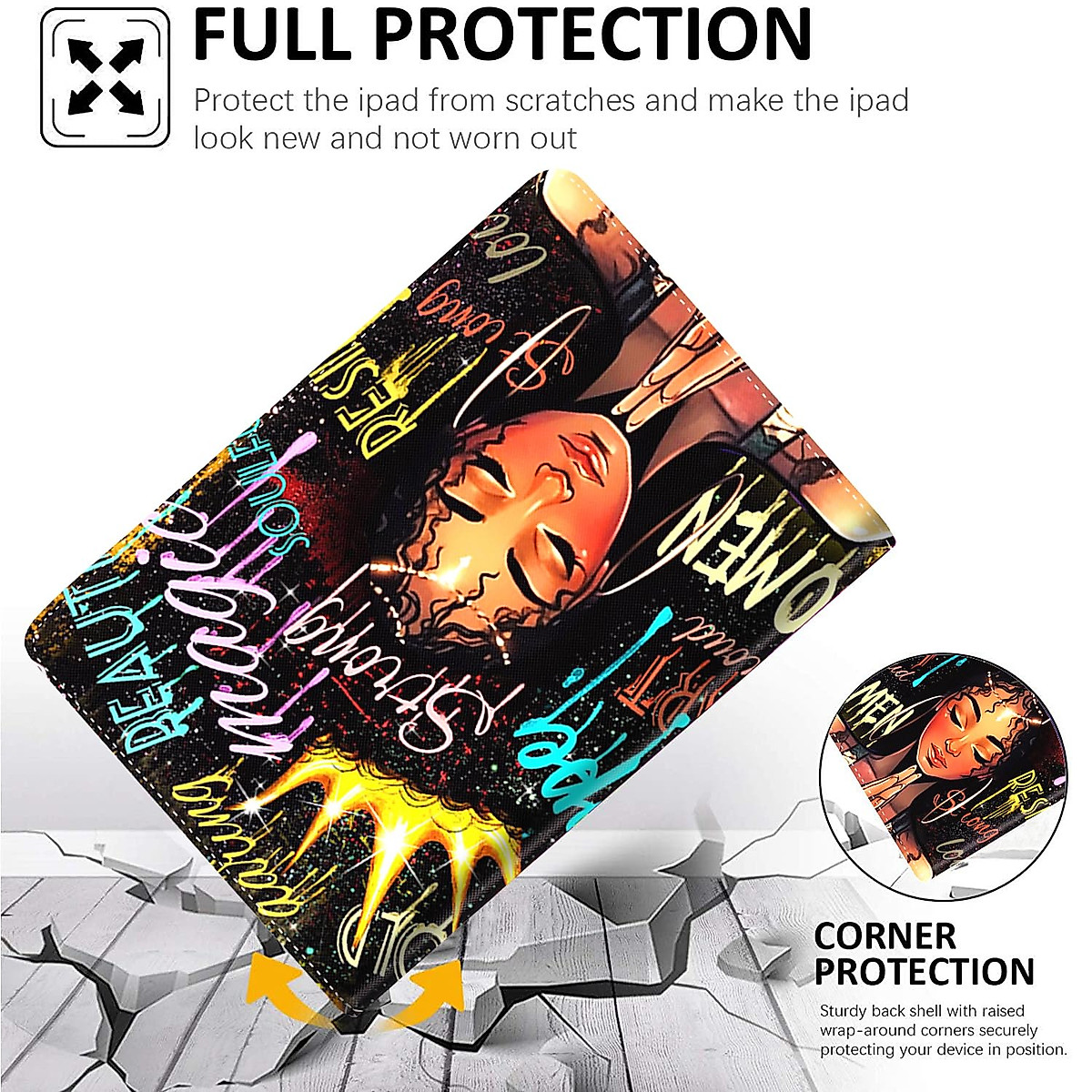 Case for iPad Pro 11 Inch 4th/3rd/2nd/1st Generation 2022/2021/2020/2018, Multi-Angle Smart Stand Cover Auto Sleep/Wake Fit iPad Air 4/5，African American Women Graffiti Afro Black Girl with Crown