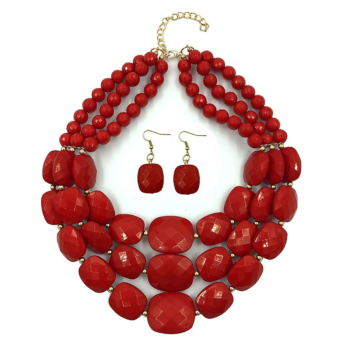 MEQNOIG 3 Layered Beaded Statement Necklaces for Women Handmade Acrylic Red Bead Necklace Boho Chunky Necklace Costume Jewelry (A Red)