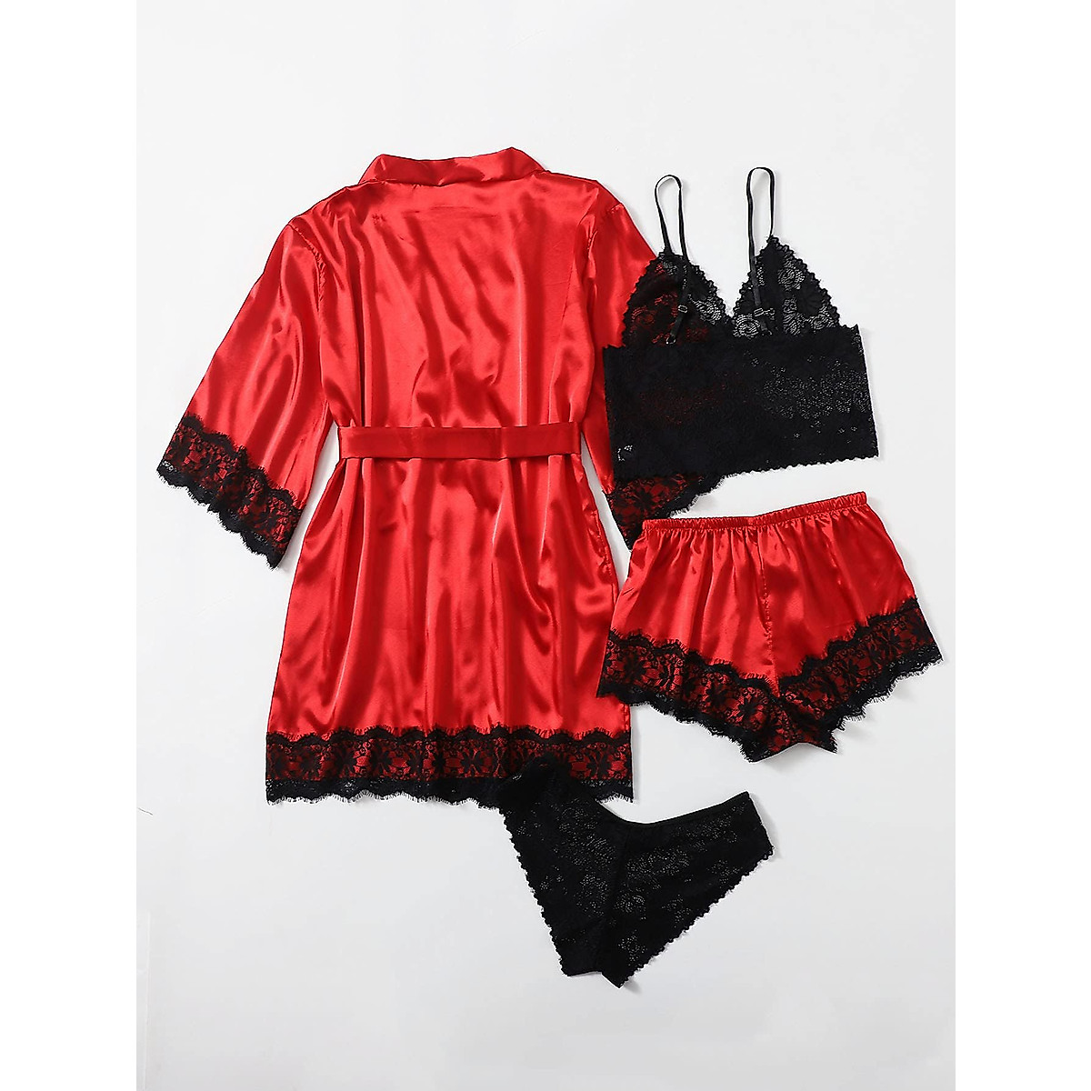 WDIRARA Women' Silk Satin Pajamas Set 4pcs Lingerie Floral Lace Cami Sleepwear with Robe Red Black XL
