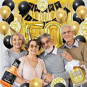 50th Birthday Decorations Men, Black and Gold 50th Birthday Balloons, Banner and Birthday Cake Topper, Happy 50 Birthday Decorations for Men