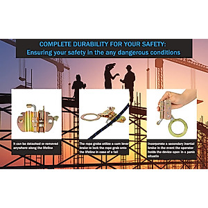 FHFallArrest Fall Protection Rope Grab with Anti-Panic Feature, Auto-Trail Double Locking Rope Grabs Fall Arrester, Used with 5/8” Lifeline Rope, for Construction, Climbing, Comply to ANSI/OSHA