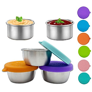 Salad Dressing Container To Go, 1.7oz Sauce Cups Stainless Steel Dips Food Storage Reusable Sauce Containers Leakproof colorful Compact Salad Sauce Cups Small Condiment Containers with Silicone Lids