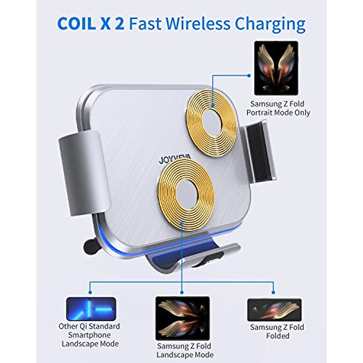JOYVEVA Dual Coil Wireless Car Charger for Galaxy Z Fold 4/3, Fast Charging Phone Holder for Galaxy Z Fold 2, Landscape Mobile Phone Mount for Galaxy Z Fold (Steel Gray)
