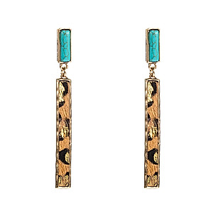 Rectangle Turquoise Dangle Earrings for Women Hypoallergenic Gold Plated Long Charms Birthstone Leopard Print Faux Leather Drop Dangling Stud Retro Lightweight Birthday Holiday Party Jewelry Gifts