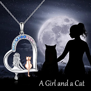 LUHE Cat Necklace Gifts 925 Sterling Silver Cat Heart Pendant Necklace Jewelry for Women