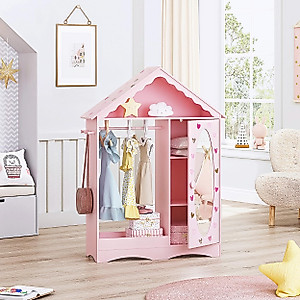UTEX Kids Dress Up Storage with Mirror, Kids Wardrobe Closet, Dress Up Armoire for Little Girls, Open Hanging Kids Costume Organizer with Storage Cabinet for Kids Room, Playroom