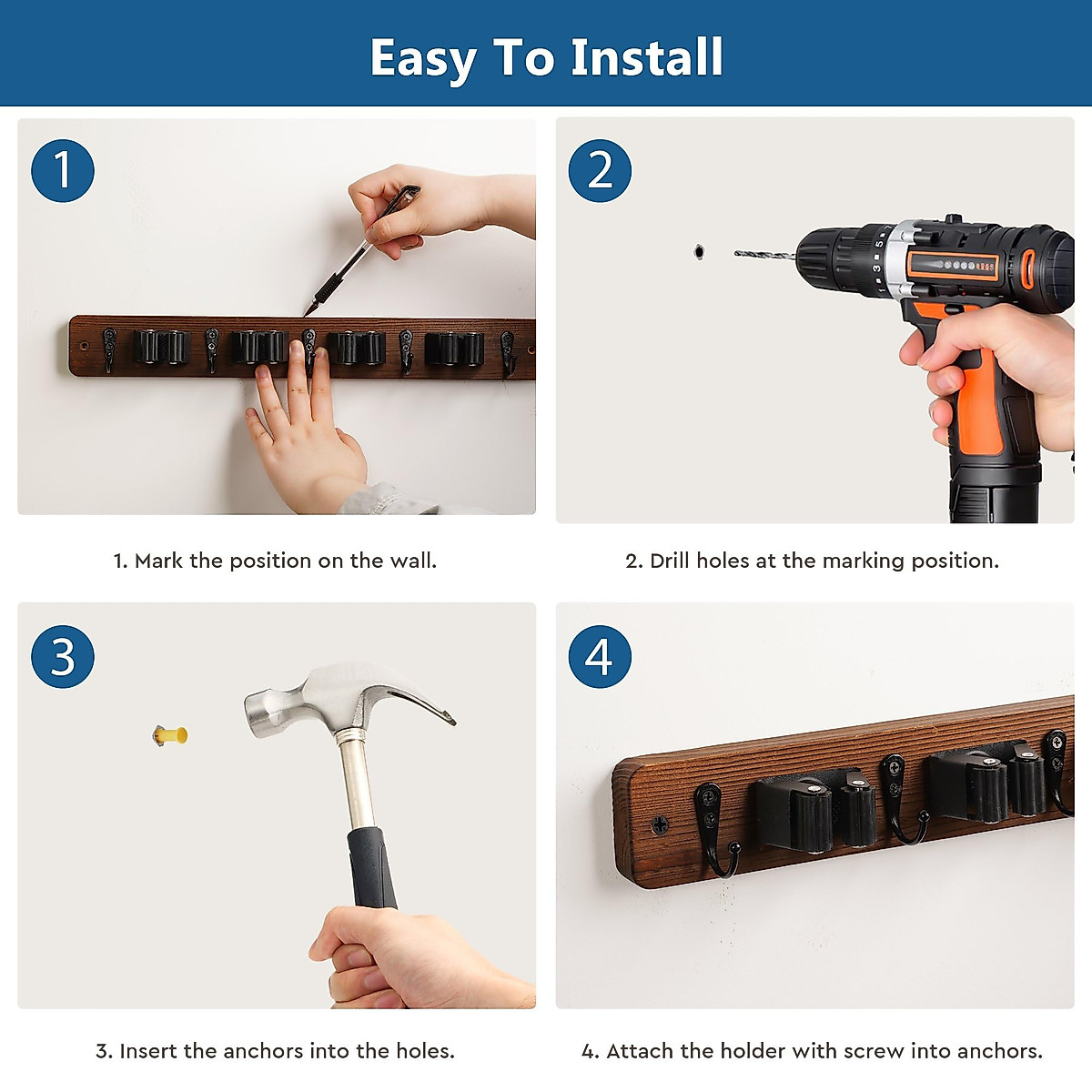 jabrand Broom Holder Wall Mount, Wood Mop and Broom Hanger with 4 Slots and 5 Hooks Laundry Room Organizer Tool for Home Garden Garage Yard Kitchen Closet Organization Storage Garden