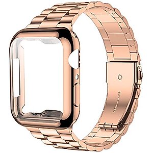 iiteeology Compatible with Apple Watch Band 44mm SE/Series 6 5 4, Upgraded Stainless Steel Link Replacement Band with iWatch Screen Protector Case Rose Gold