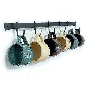 Wall-Mounted Wrought Iron Mug Rack, 24" with 6 Cup Hooks, Made in USA