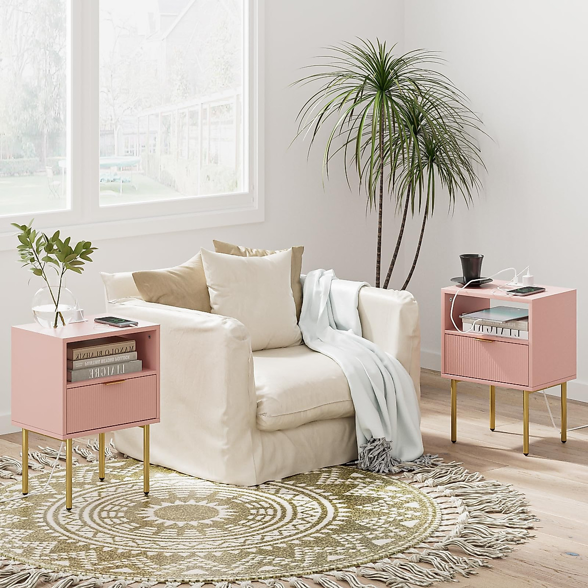 Masupu Night Stand with Charging Station,Mid-Century Modern Bedside Table with Storage Drawer and Open Wood Shelf,Small Gold Frame Side Table for Bedroom,Living Room (Pink)