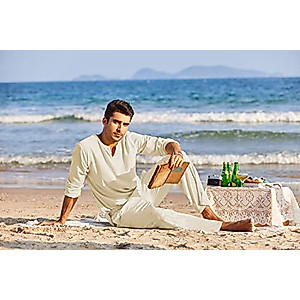 COOFANDY Men's 2 Pieces Cotton Linen Set Henley Shirt Long Sleeve and Casual Beach Pants Summer Yoga Outfits