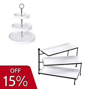 Sweese 731.101 3 Tiered Serving Stand, Foldable Rectangular Food Display Stand with White Porcelain Platters - Serving Trays, Dessert Display Server for Brithday Party, Valentine's Day and Events