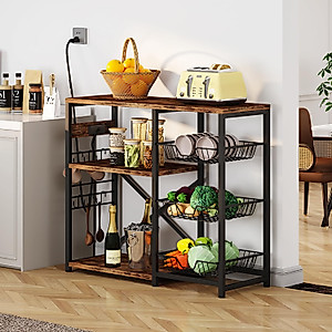 Homeiju Kitchen Island, Baker's Rack with Power Outlet, Microwave Stand, Coffee Bar with 3 Removable Wire Baskets, Kitchen Storage Rack with 6 S-Hooks for Spices, Pots and Pans - Rustic Brown