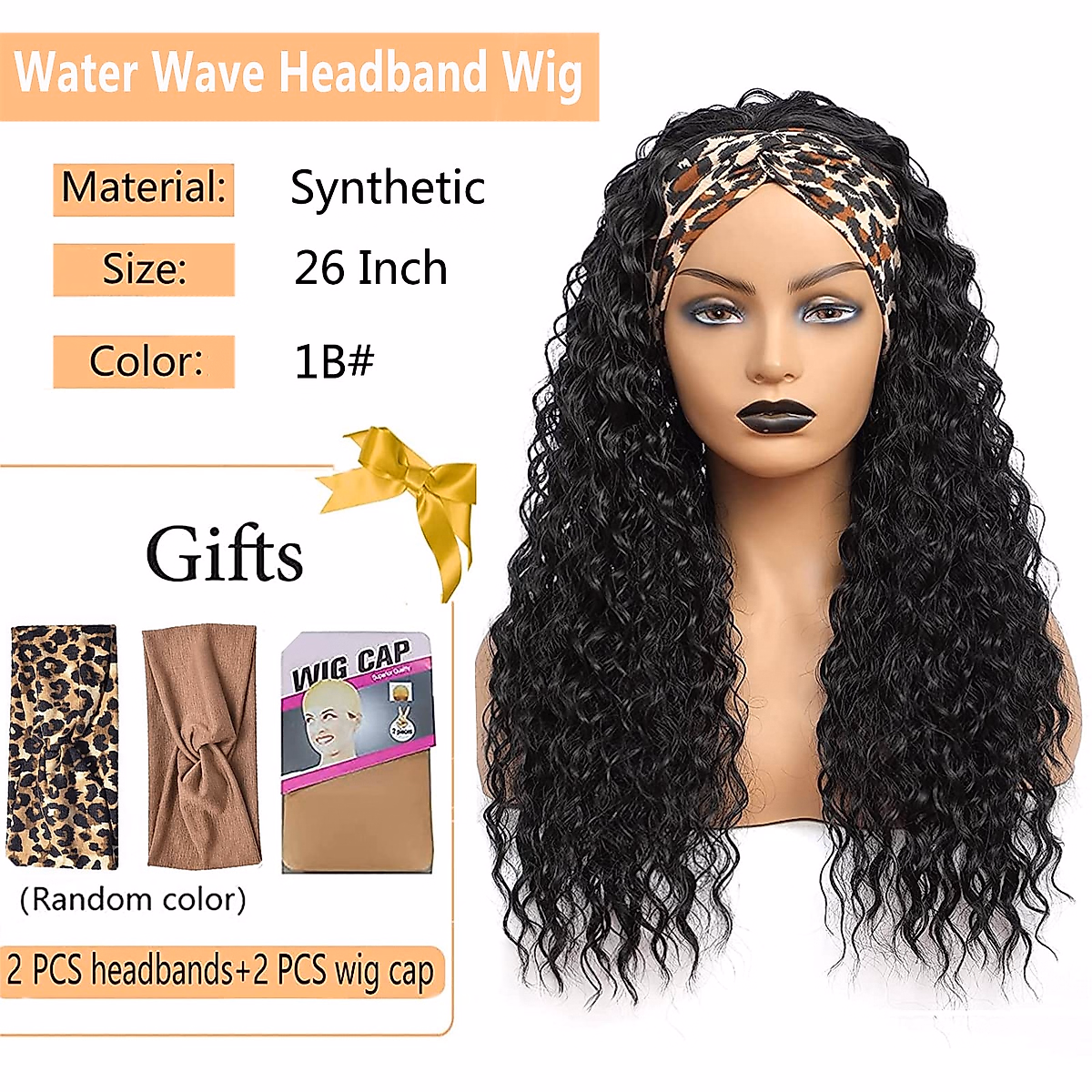 Headband Wig Water Wave Headband Wigs for Women Black Synthetic Curly Headband Wig 26 Inch Glueless Half Wig 180% Density Wigs with Headbands Attached Natural for Daily Use (26 Inch (Pack of 1), 1B)