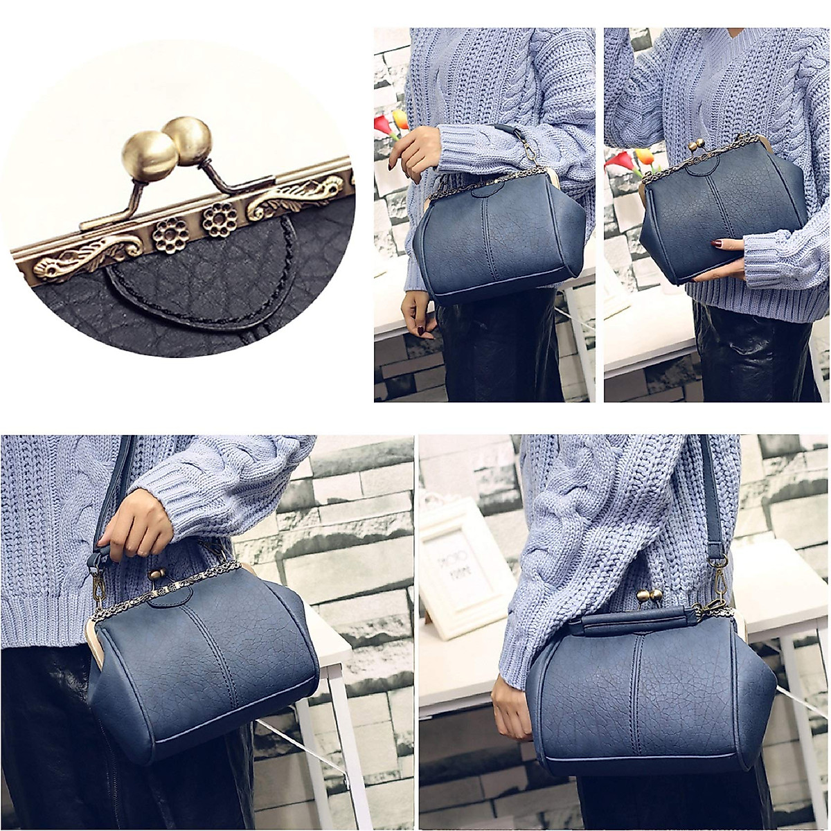 Tipiho Women Wedding Vintage Pu Handbag - Kiss Lock Antique Minimalist Purse(Blue)