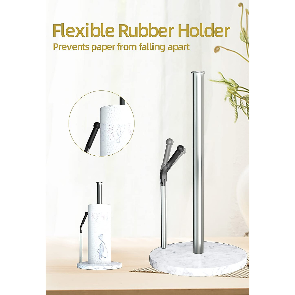 Paper Towel Holder Countertop,Marble Paper Towel Stand with Weighted Base,One-Handed Operation Standing Paper Towel Roll Holder for Kitchen Organization(Brushed Nickel)
