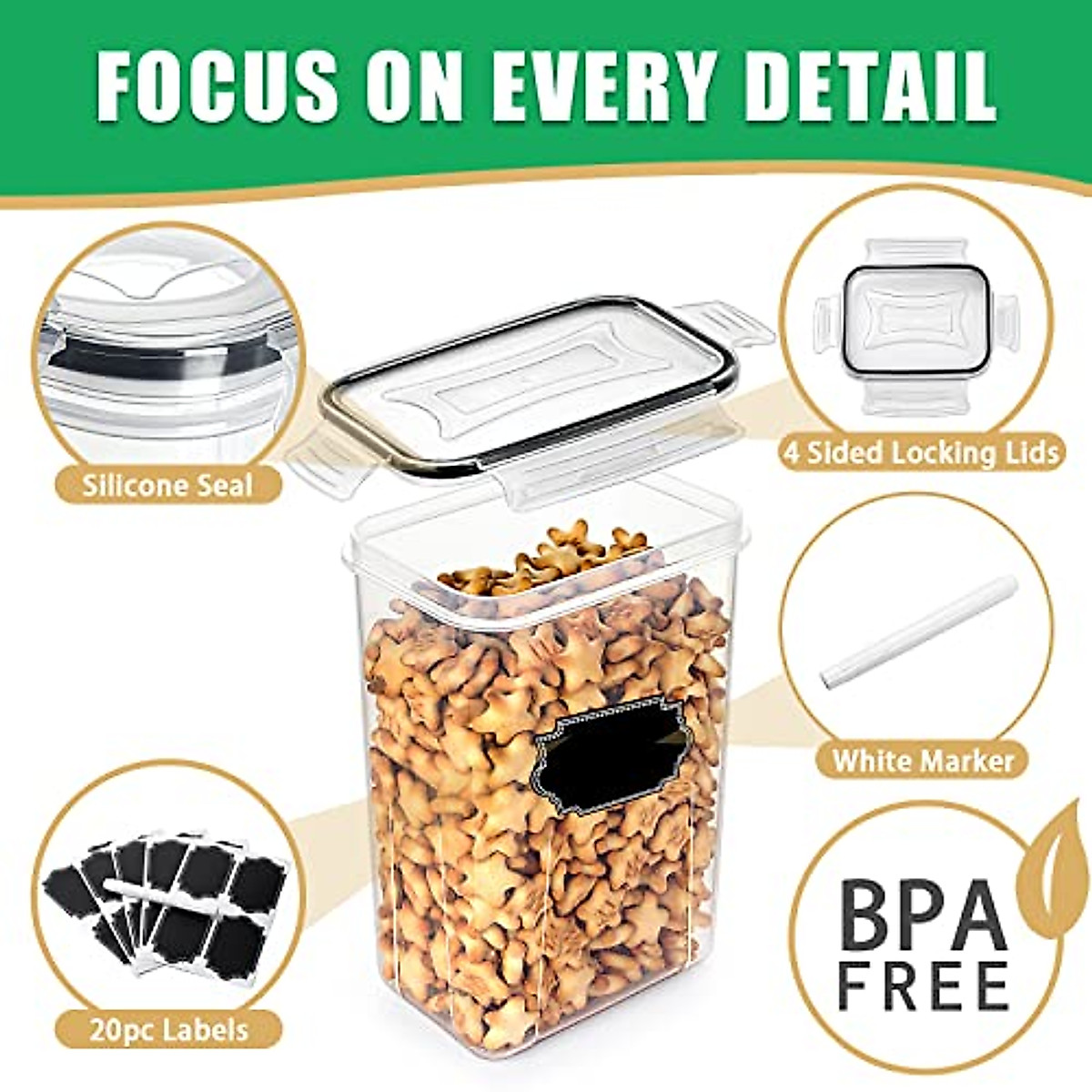 Wildone Airtight Food Storage Containers with Lids, 14PC Plastic Kitchen Storage Containers for Pantry Organization and Storage, Cereal, Flour and Sugar Containers, Include 20 Labels & Pen