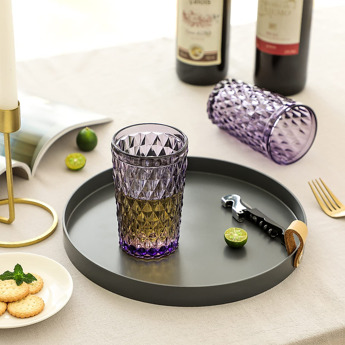 EVEREST GLOBAL Purple Highball Drinking Glasses set of 6 Colored Glass cups 11oz Embossed with Geometric Diamond Pattern Solid Color Vintage Water for Tea Juice and More