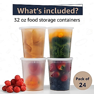 [24 Pack - 32 oz] Plastic Soup Cups Deli Food Storage Containers with Tight Lids Portion Control Non-Spill Stackable Microwaveable Freezer Dishwasher Safe