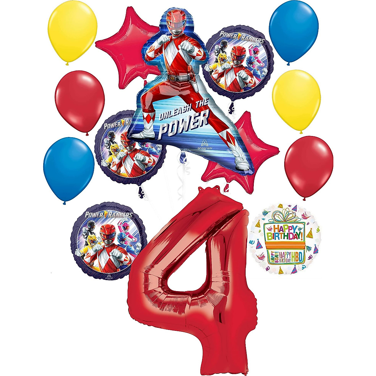 Power Rangers Party Supplies 4th Birthday Unleash the Power Balloon Bouquet Decorations Red Number 4