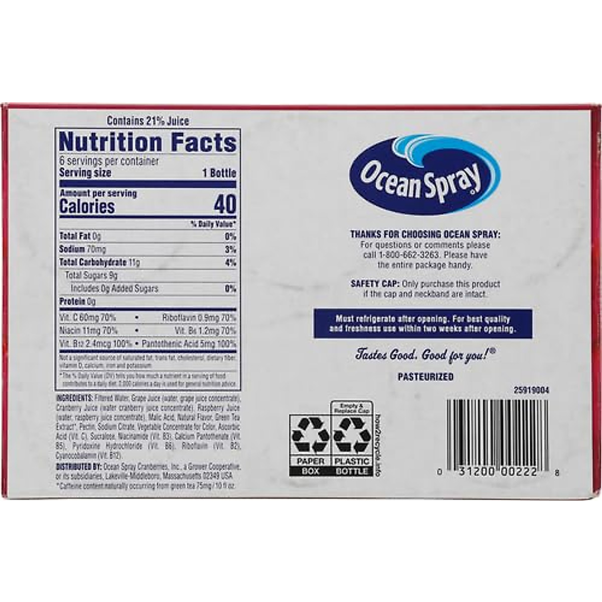 Ocean Spray, Cran-Energy Cranberry Raspberry Energy Juice Drink, 10 Fl Oz Bottles, 6 Ct