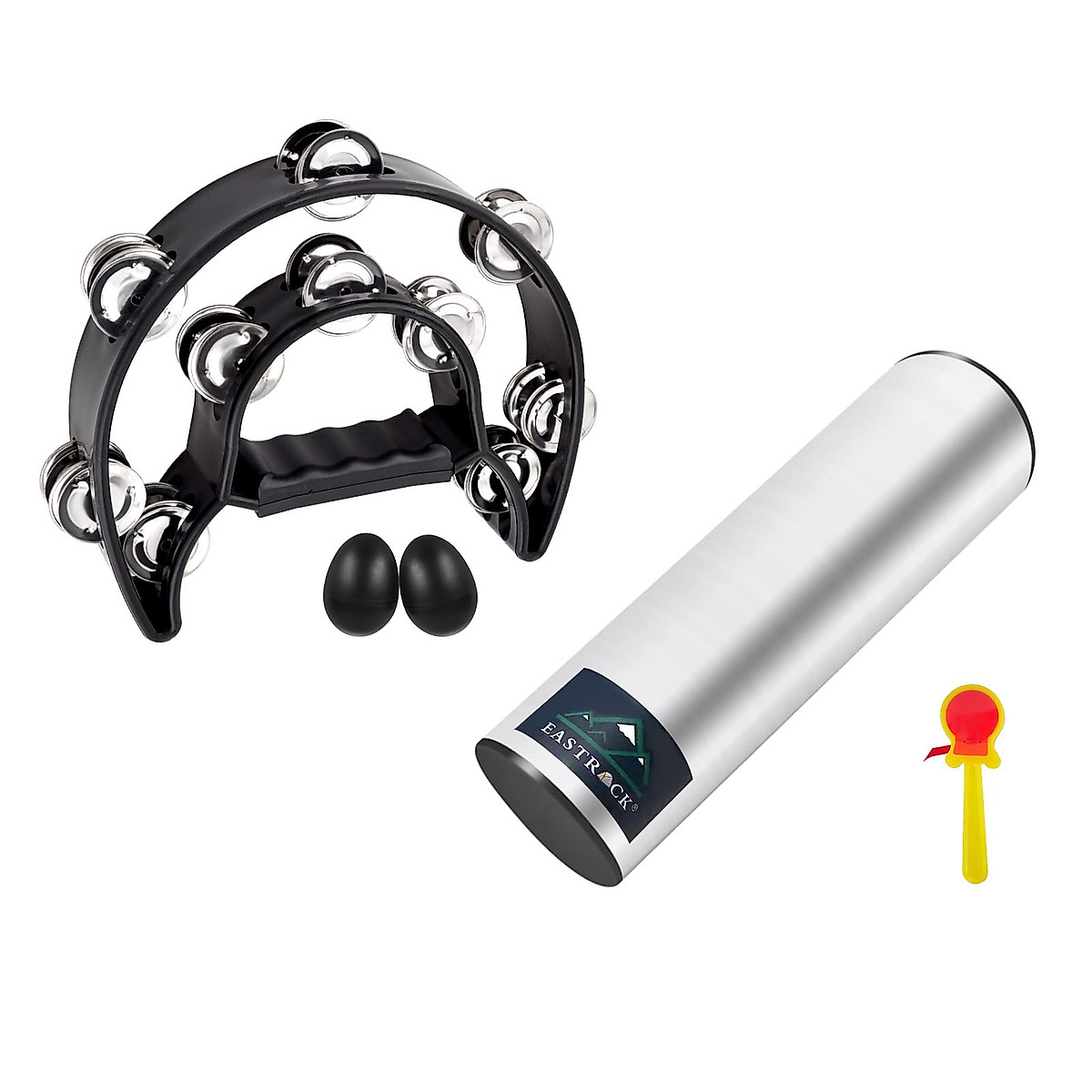 EASTROCK Double Row Tambourine and Stainless Steel Cylinder Shaker Hand Held Percussion Instrument for Kids, Adults, Professional Band Accompaniment