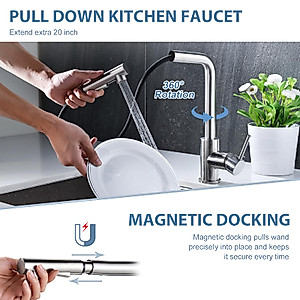 CREA Brushed Nickel Kitchen Faucets,Pull Down Kitchen Faucet with Sprayer Magnetic Docking,Rotary 15.8" Single Handle Kitchen Sink Faucet Stainless Steel Farmhouse Kitchen Faucet Bar RV Sink Faucet