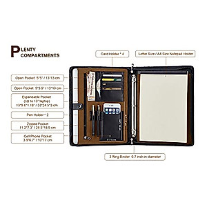 AZXCG Handmade Genuine Leather 3 Ring Binder Portfolio Folder with Zipper for 13.3” Tablet/Laptop,Professional Leather Binder with Letter Size Notepad (Non-Custom, Black-Oil)