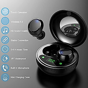Donerton Wireless Earbud Wireless Headphones, 5.0 Bass+ HD Stereo Noise Cancelling Earphones in Ear, Mini Wireless Earbud with LED Display, IP7 Waterproof Wireless Headset, Black